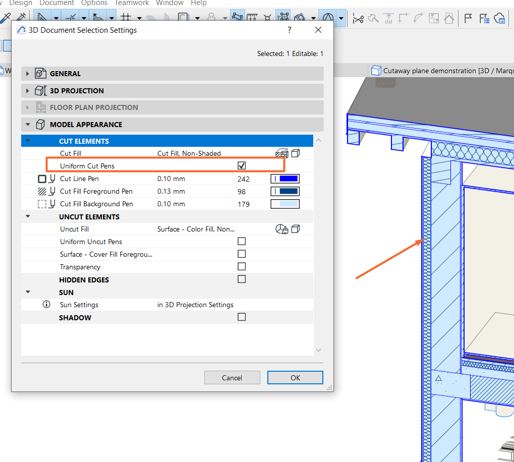 How can I display technical drawing fills in a 3D section cut view ...