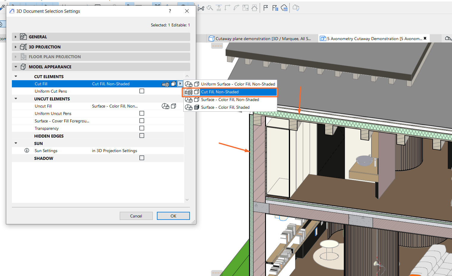 How can I display technical drawing fills in a 3D section cut view ...