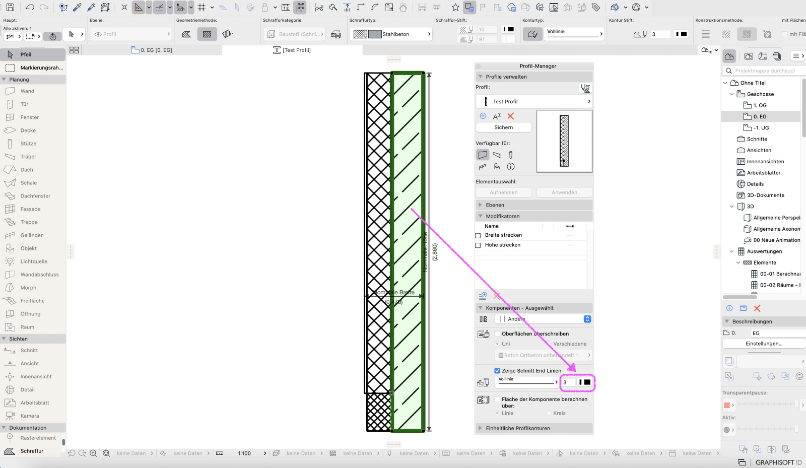 Profil zeigt falsche Linienstärke bzw. Stifteinstellungen in Grundriss und Schnitt – Support Site