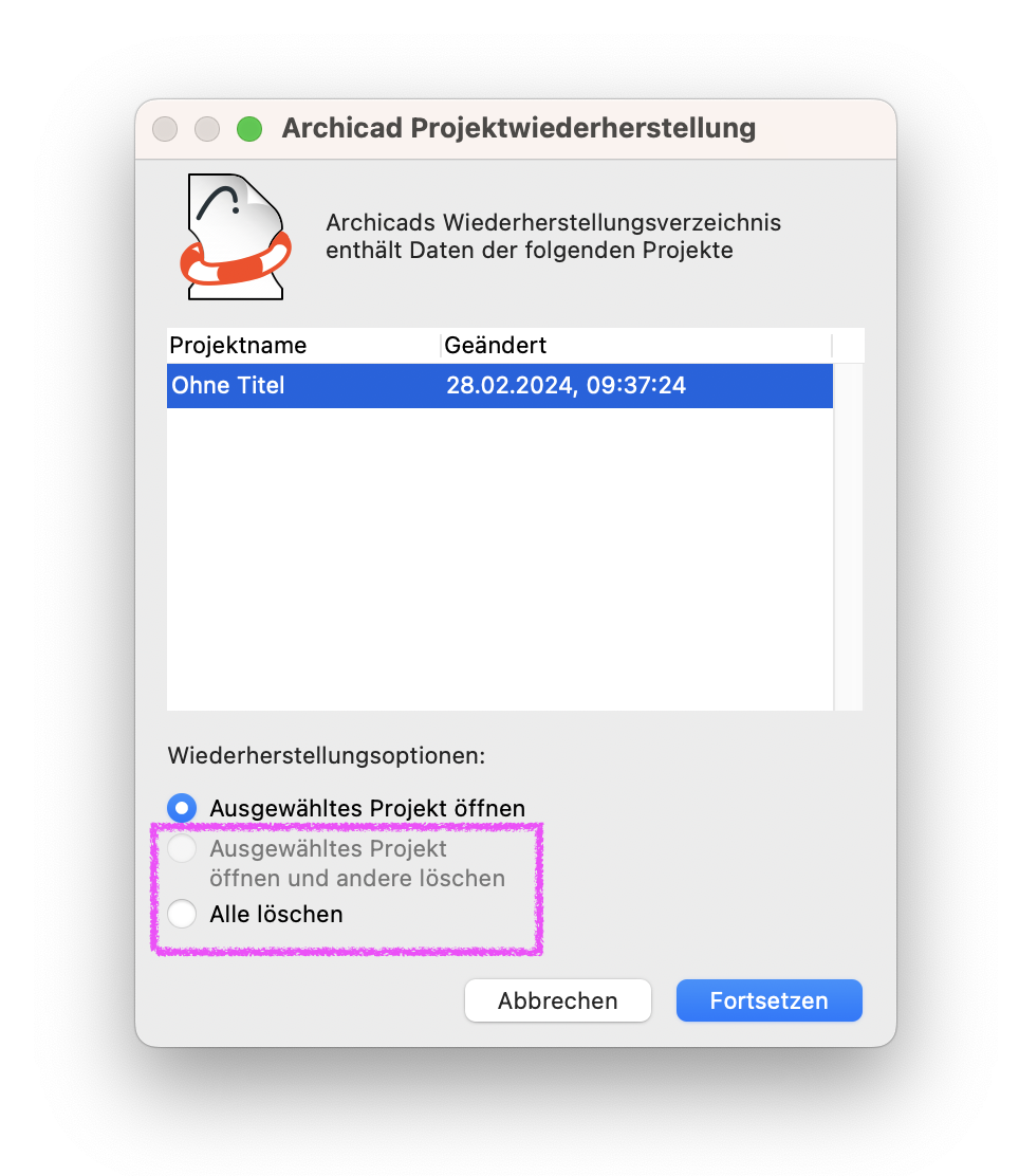 Archicad bietet nach dem Absturz keine Wiederherstellungsdatei an ...