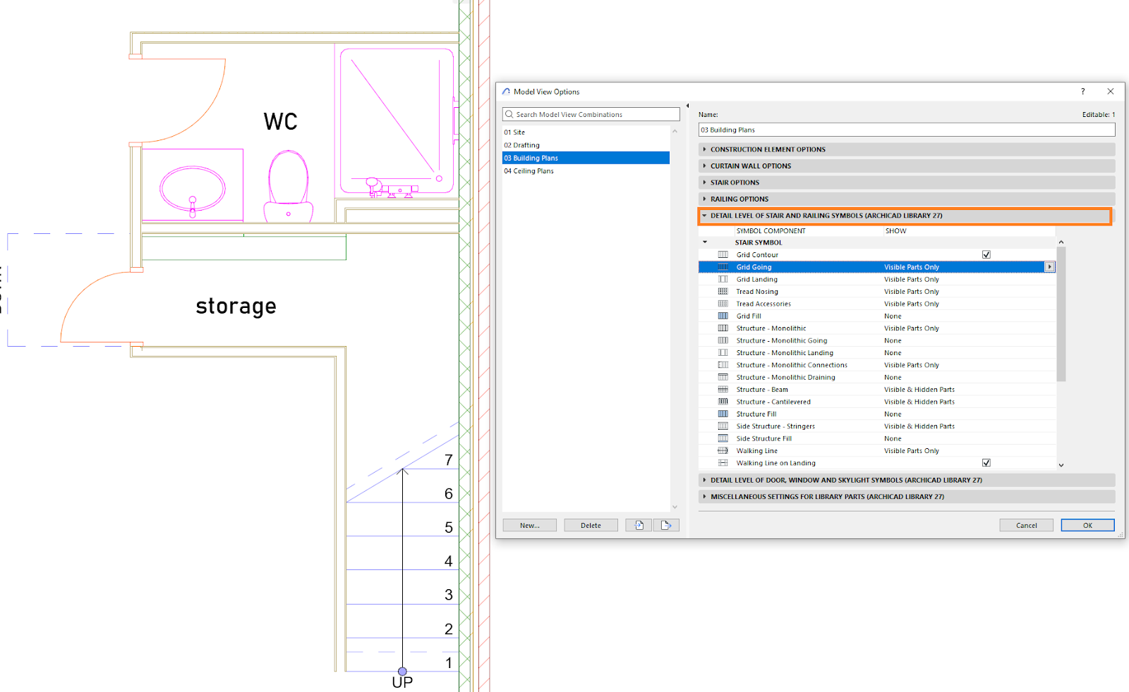 How to only have an outline for the stair above the break line ...