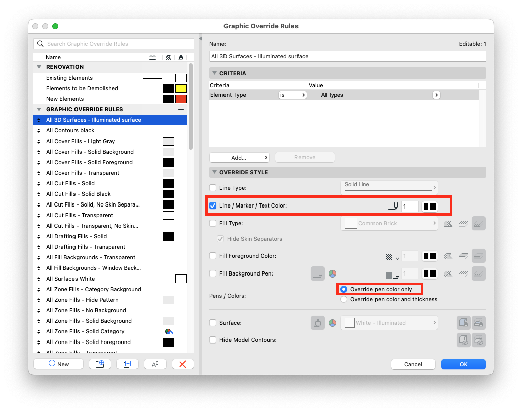 How to change Graphic Override pen color without changing its lineweight? – Support site