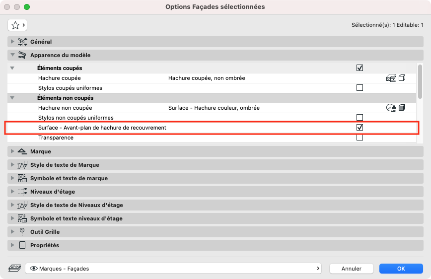 Façades - Afficher les hachures de recouvrement – Site de Support
