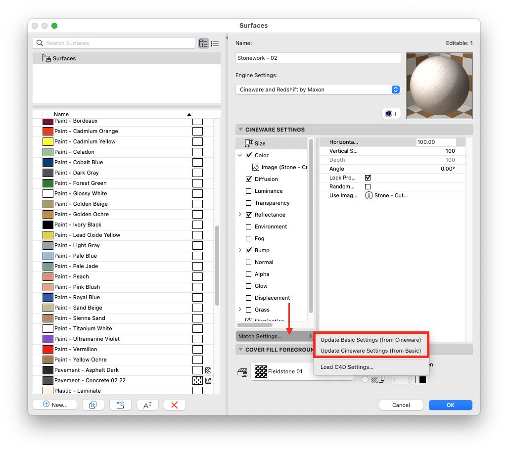 How do I transfer surface settings between basic rendering and cineware render? – Support site